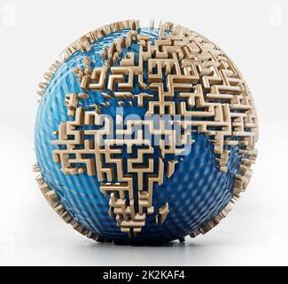 Globe with maze walls as the continents. 3D illustration Stock Photo ...