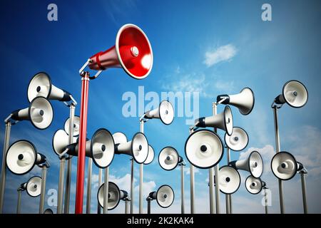 Red megaphone covering higher ground stands out among others. 3D ...