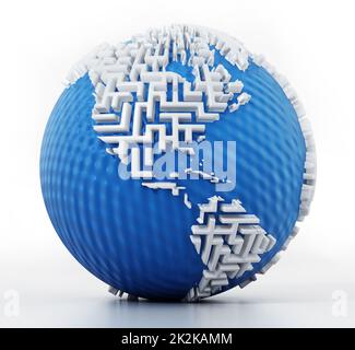 Globe with maze walls as the continents. 3D illustration Stock Photo ...