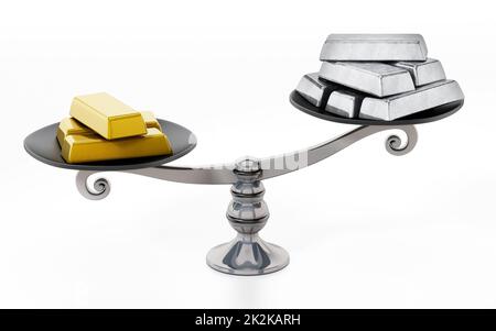 Gold and silver ingots standing on two sides of a scale. 3D ...