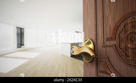 Half open apartment door opening to room with cargo boxes. 3D ...