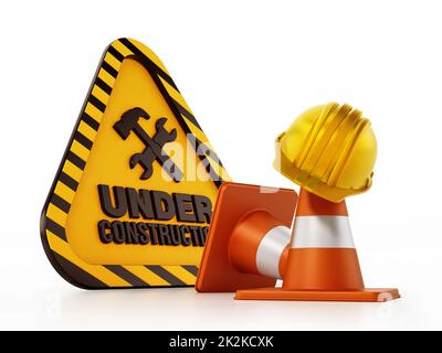 Under construction signboard, helmet and traffic cone. 3D illustration ...