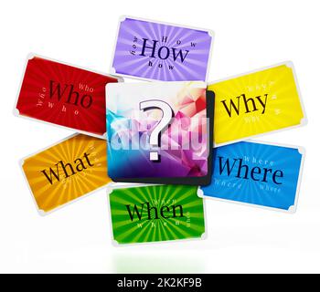 When, where, who, what, how question cards. 3D illustration Stock Photo ...