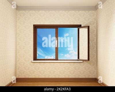 Half open windows inside an empty room opening to blue sky. 3D ...