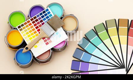 Paint cans, color guides and paintbrush. 3D illustration Stock Photo ...