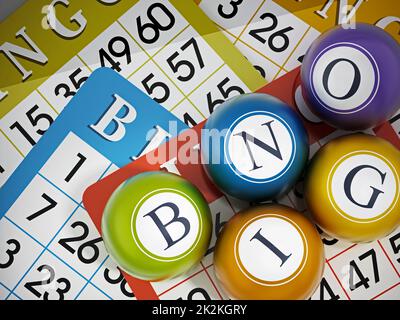 BINGO game cards and balls forming bingo word. 3D illustration Stock ...