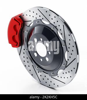 Performance brake disc and red brake pad isolated on white background ...