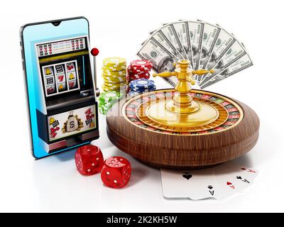 Online gambling concept. Smartphone, roulette,playing cards, chips and ...