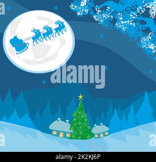 Winter landscape Christmas card. Deer, fawn, doe in snow, forest and ...