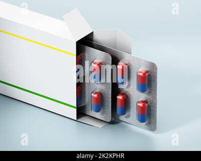 Open pill box with capsules isolated on green background. 3D ...
