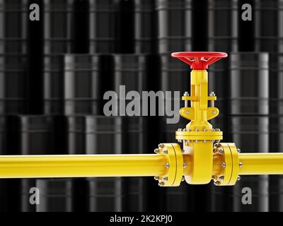 Yellow oil pipe with valve against black oil drums background. 3D ...