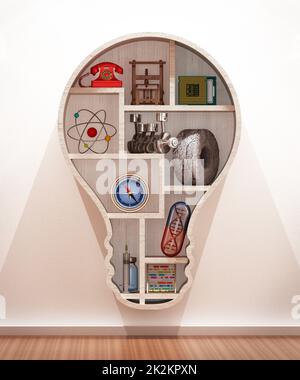 Objects representing important inventions in history standing on ...