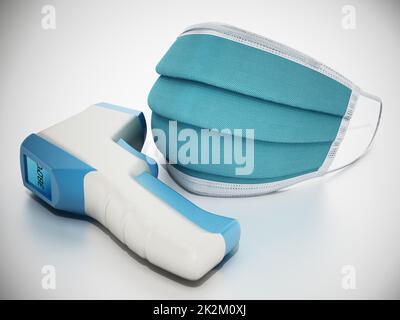 Disposible face mask and digital thermometer. 3D illustration Stock ...
