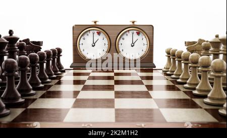 Wooden retro chess clock and chess board isolated on white background ...