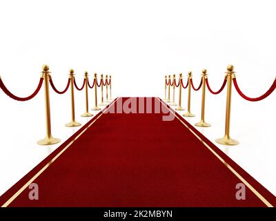 Red carpet and velvet ropes isolated on white background. 3D ...