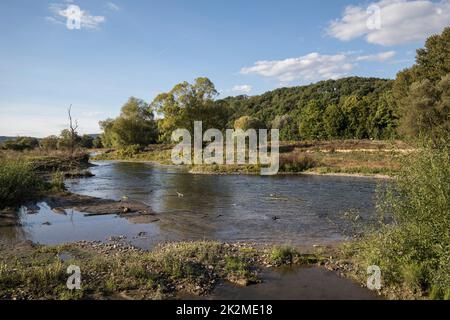 the renaturalized and redesigned Lenne river in Hagen, Ruhr Area, North ...