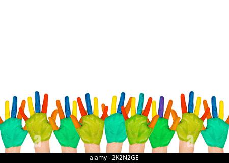Multi Colored painted hands raised up Stock Photo - Alamy