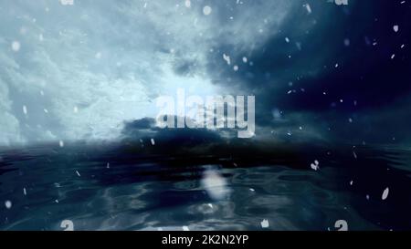 Snowing on Stormy Clouds Over Dark Ocean Stock Photo - Alamy