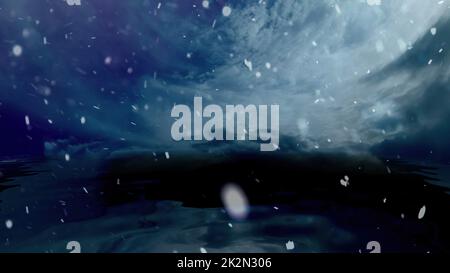 Snowing on Stormy Clouds Over Dark Ocean Stock Photo - Alamy