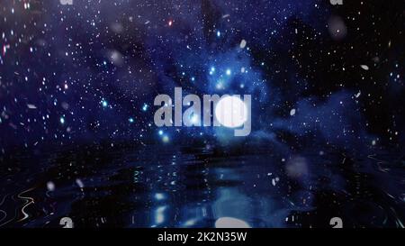 Snowing over Full Moon Water Reflection Stock Photo - Alamy