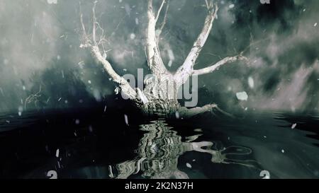 Snowing over Lonely tree reflecting in water Stock Photo - Alamy