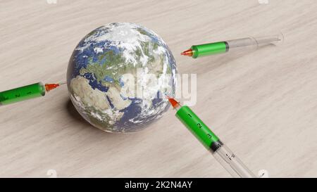Medical syringe with a needle vaccinated the planet Earth. 3D rendering ...
