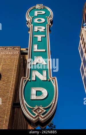 Portland sign on the Arlene Schnitzer Concert Hall in Portland, Oregon ...
