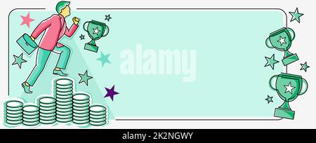 Businessman in suit climbing upwards money pile representing project ...
