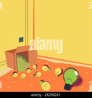 Glowing light bulbs scattered floor represent out of box ideas. Many ...