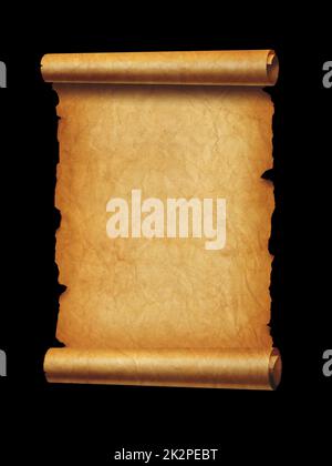 Old mediaeval paper sheet. Parchment scroll isolated on black Stock ...