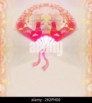 Decorative opened fan with patterns of Year of rooster design for ...