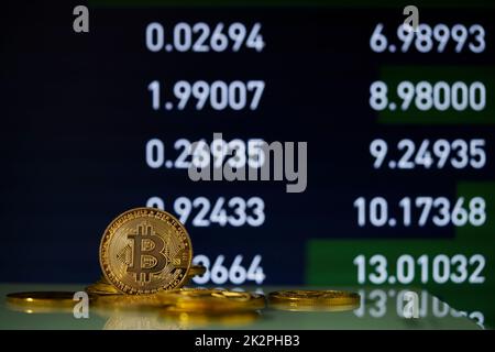 Stack or heap of gold Bitcoins cryptocurrency coins with candle stick ...