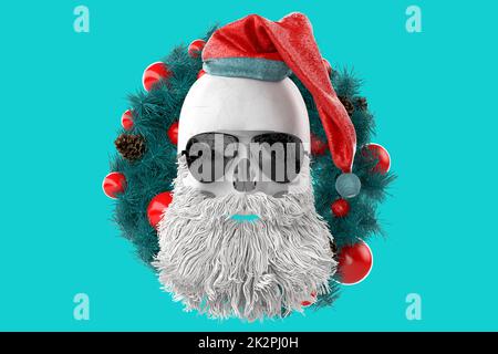 A 3D rendering of Santa Claus on a ladder with a sack delivering the ...