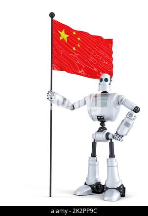 Sci-fi robot cyborg android man, kneeling, isolated on light background. Artificial intelligence ...