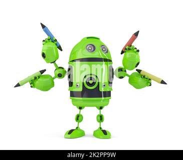 Four-armed robot with pencils. Multitasking concept. Isolated. Contains ...