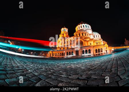 Saint Alexander Nevsky Cathedral at dusk with car lights, Sofia Stock ...