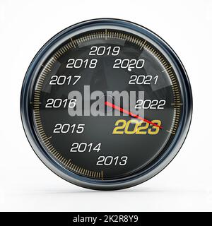 Speedometer needle pointing the year 2023. 3D illustration Stock Photo ...