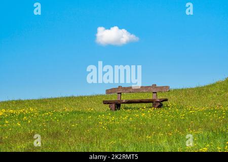 Bench on a meadow with a single cloud in a sky Stock Photo - Alamy