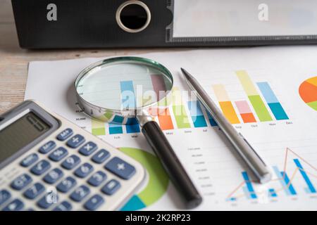Magnifying glass and calculator on charts graphs paper. Financial ...