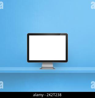 Computer pc - blue wall shelf. Vertical background. 3D Illustration ...