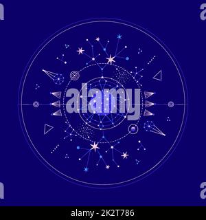Space round composition with planets, constellation, stars. Vector ...
