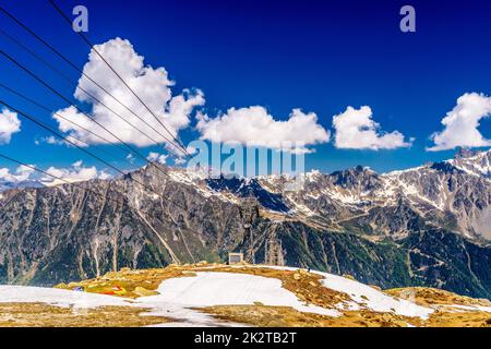 Cable car in snowy mountains in Chamonix, Mont Blanc, Haute-Savoie ...