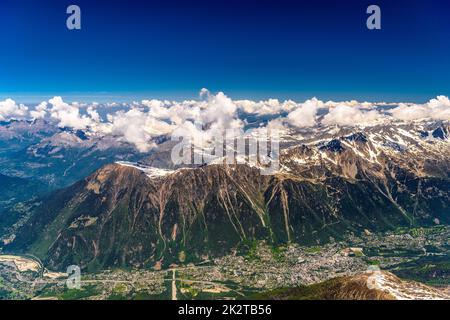 Valley with villages between snowy mountains Chamonix, Mont Blanc ...