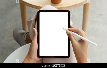 First person hand using tablet and checking financial report on cloud ...