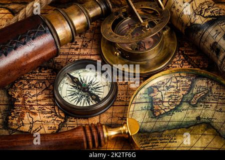 Old vintage compass and travel instruments on ancient map Stock Photo ...