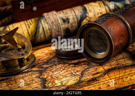 Old vintage compass and navigation instruments on ancient map Stock ...