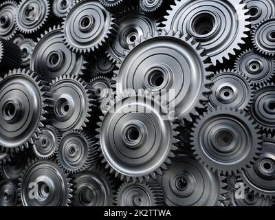 Background formed with group of 3D steel wheels in motion. 3D ...
