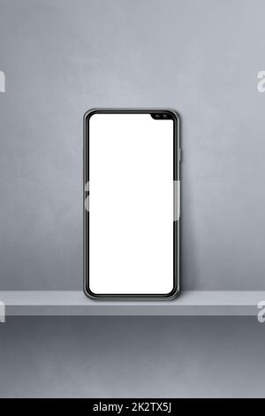 Mobile phone on grey wall shelf. Vertical background Stock Photo - Alamy