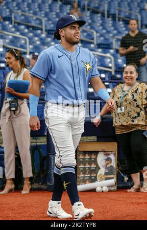 Tampa Bay Rays' Jonathan Aranda runs to first in his first at-bat in ...