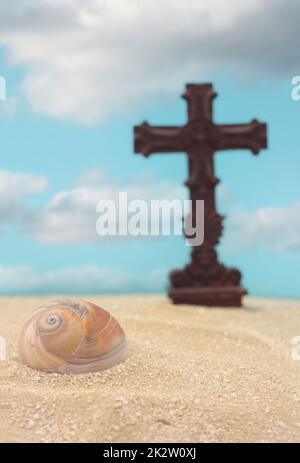 Sea Shells With Cross on Sand, Shallow DOF Focus on Shell Stock Photo ...